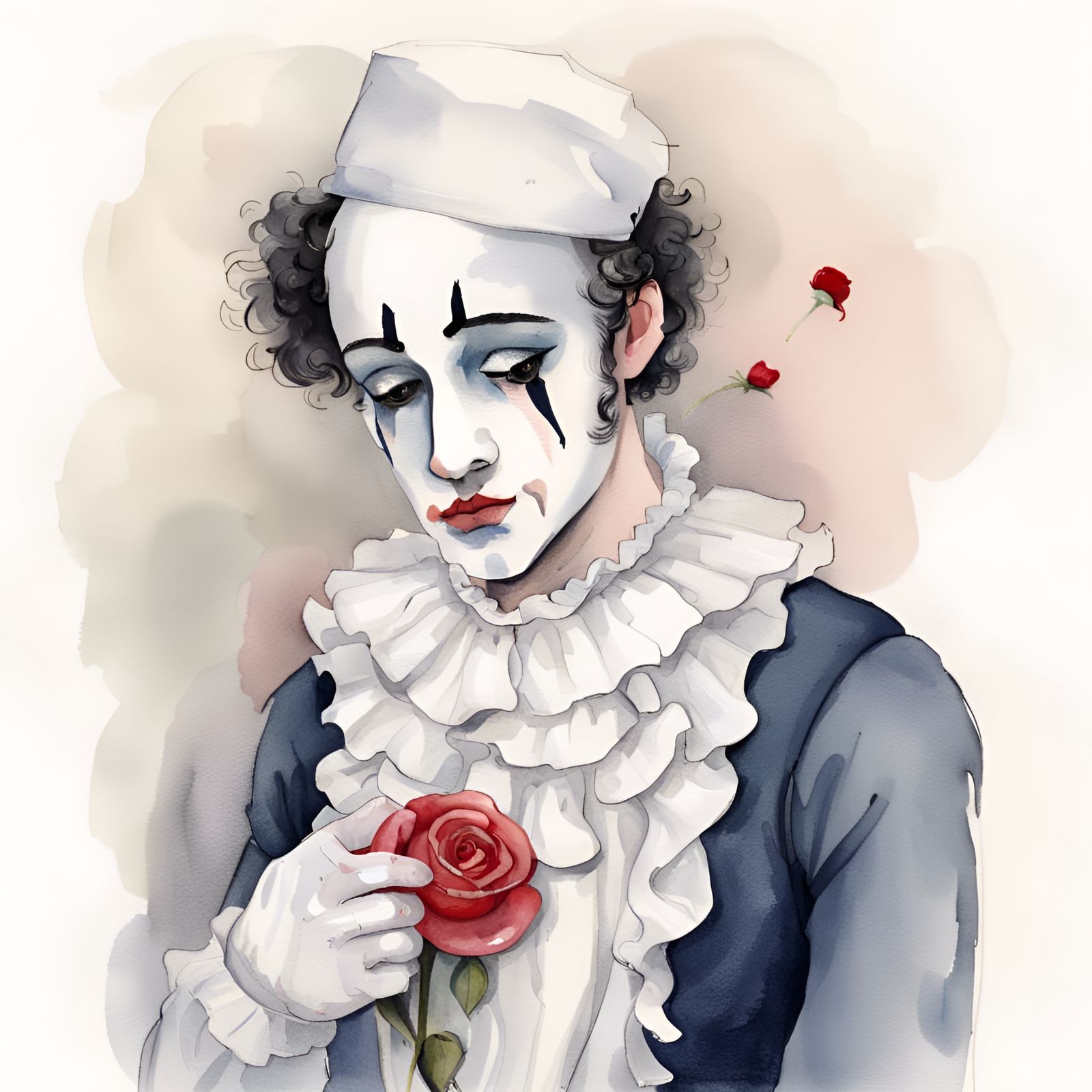 French Mime - Sorrowful French Mime in Watercolor