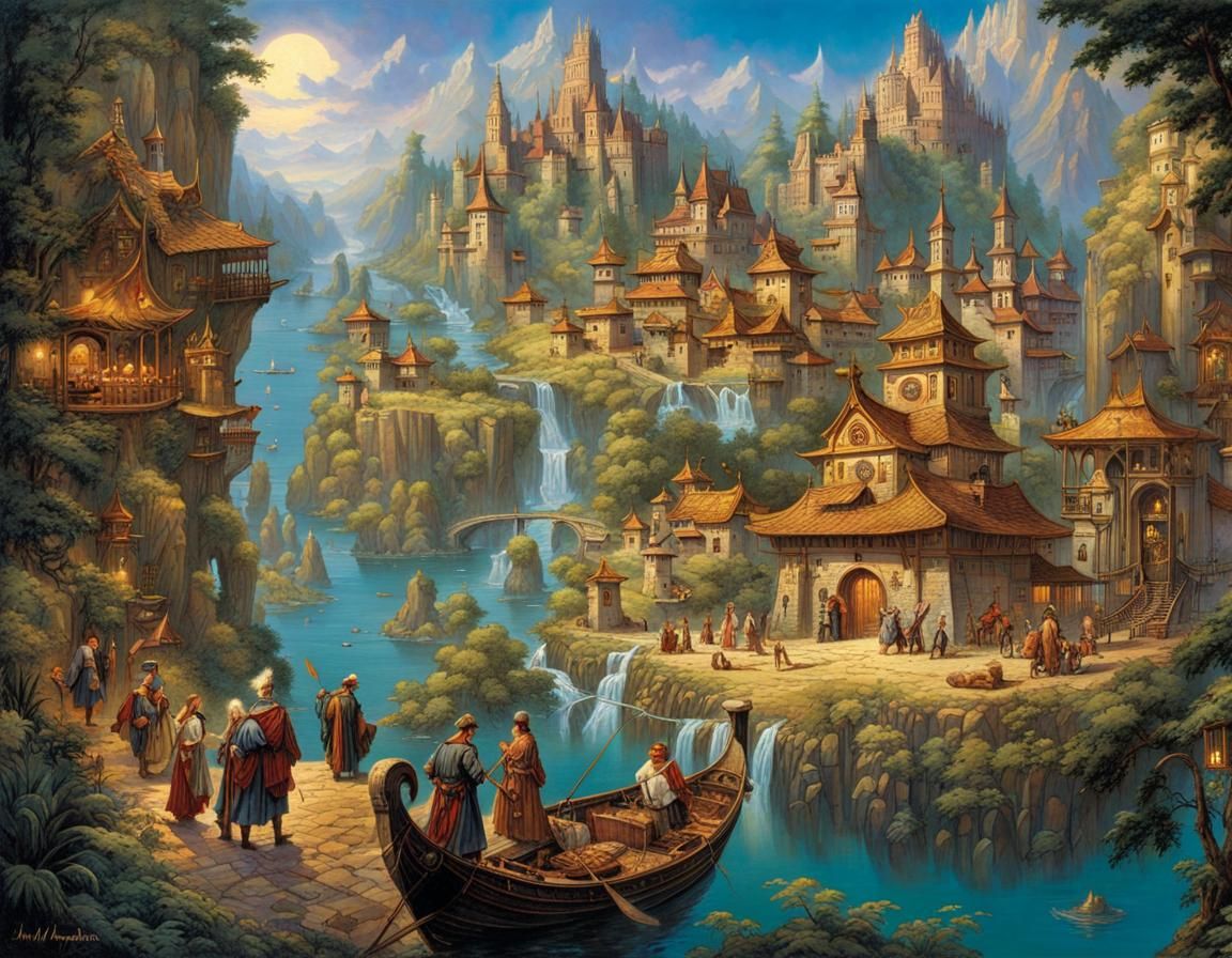 Intricate illustrations showcasing fantasy realms or fictional lands ...