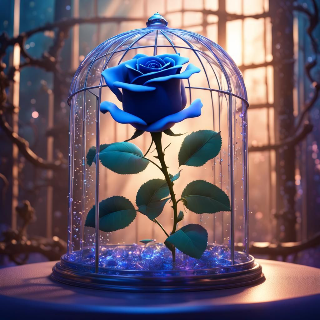 cosmic blue rose in a glass cage and hand glistening in the light with ...