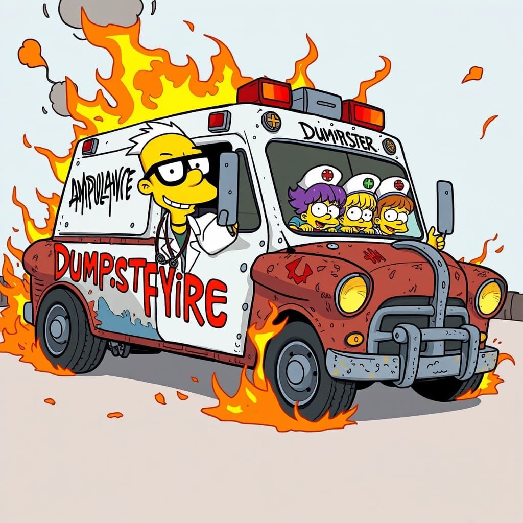Classic Cartoon Ambulance in Flames with Manic Doc... - AI Art