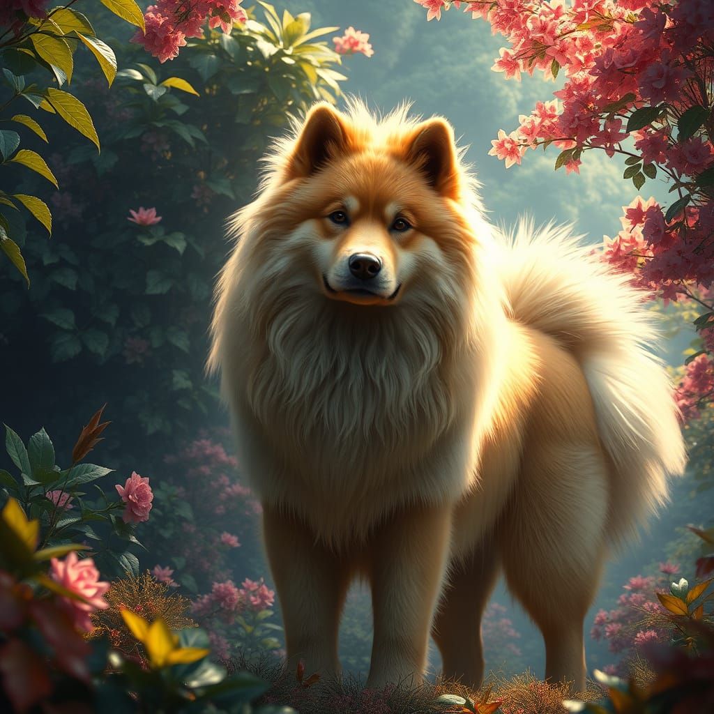 golden samoyed - Regal Golden Samoyed in Enchanted Forest