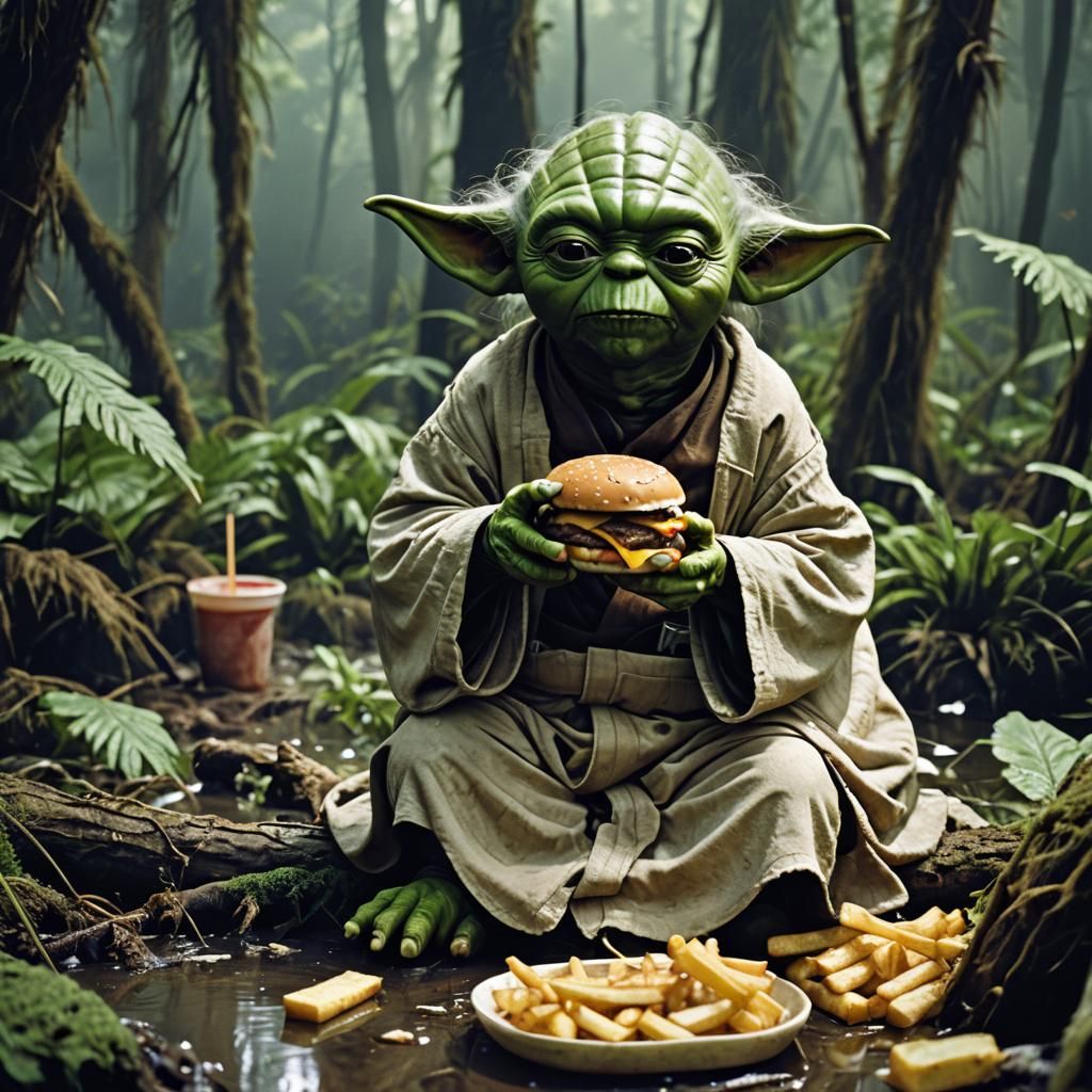 Yoda eating a burger and fries on Dagobah.