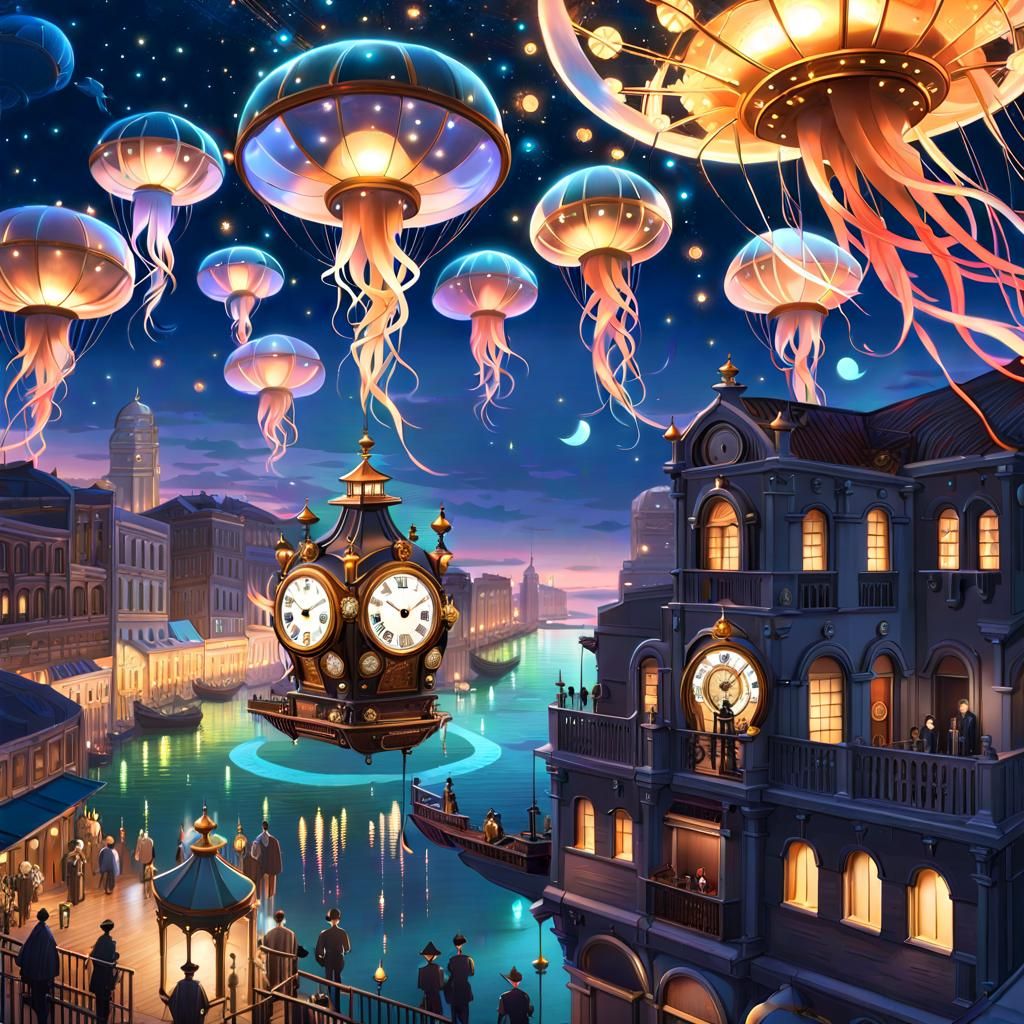 (Venetian carnival in a clockpunk city surrounded by lots of flying ...