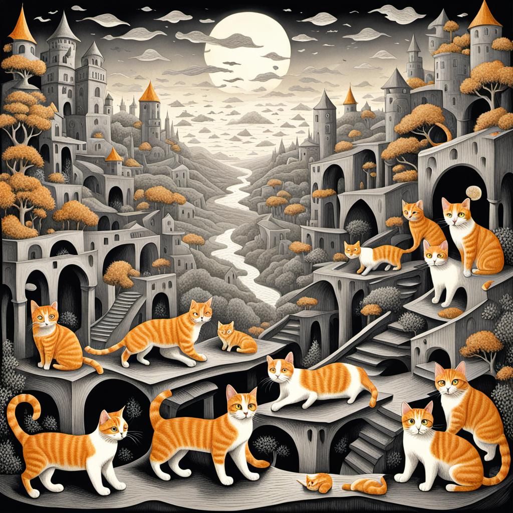 Fantasy Landscape, Many Cats, Escher
