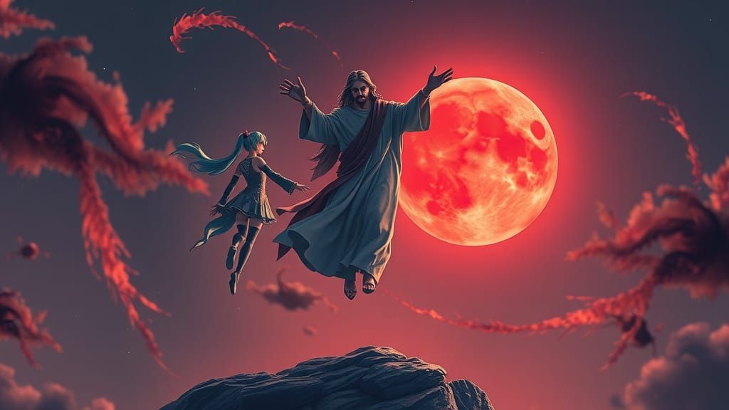 Hatsune Miku and Jesus Christ over a blood moon