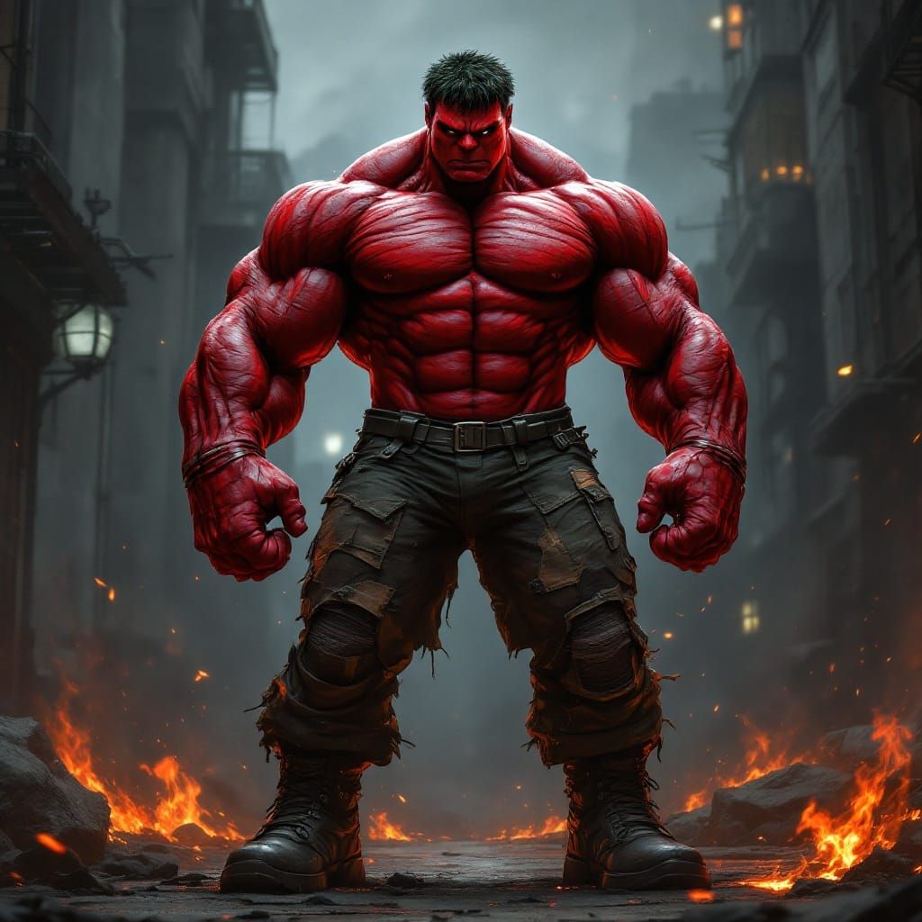 Hyperrealistic Red Hulk Standing Heroically in Urb... - AI Art