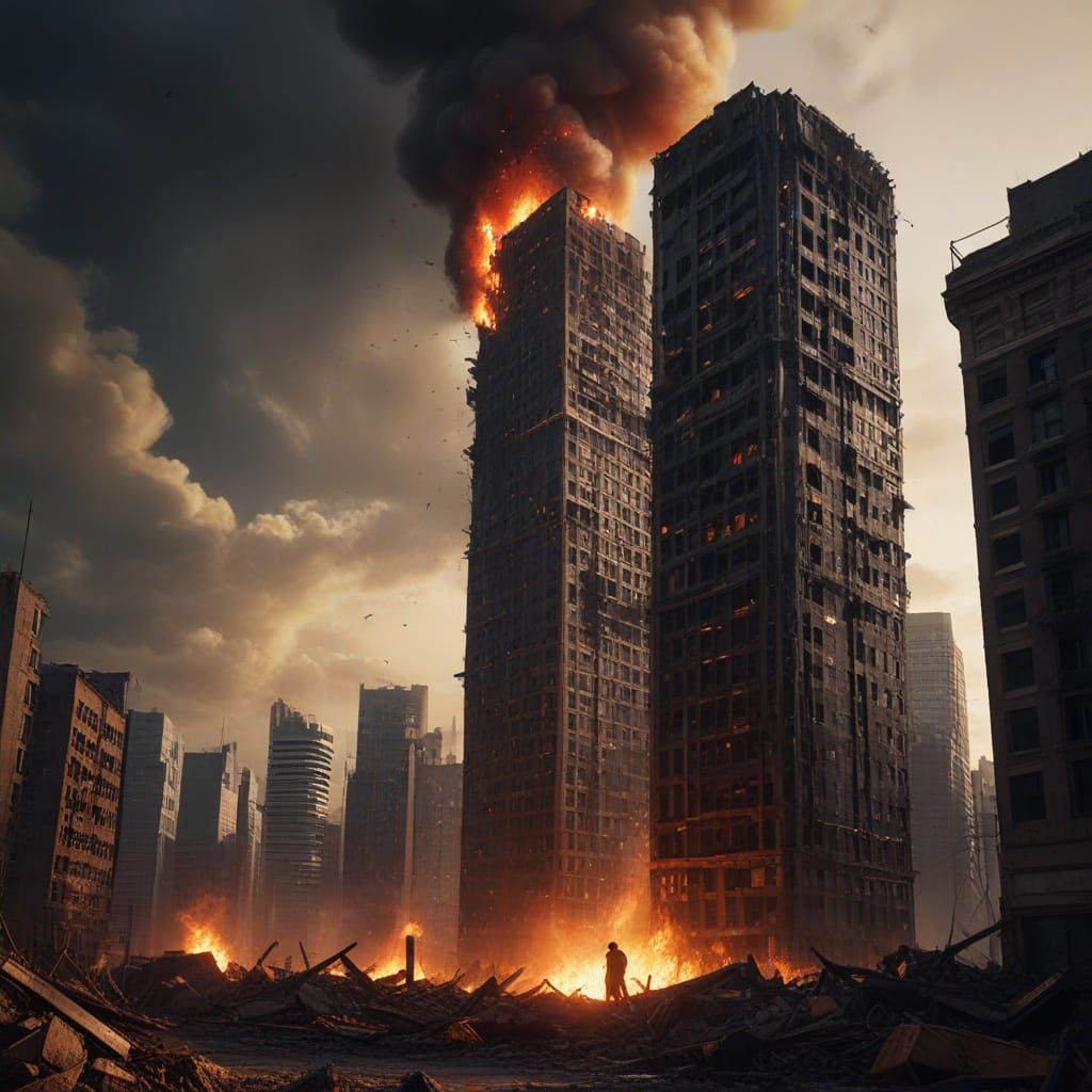 Pillar of fire in apocalyptic city - Dystopian Cityscape Con...