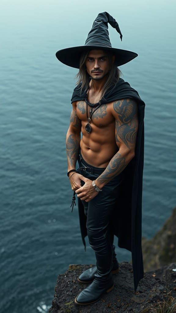 Tattooed Witch Father Stands Alone on Cliff's Edge - AI Art