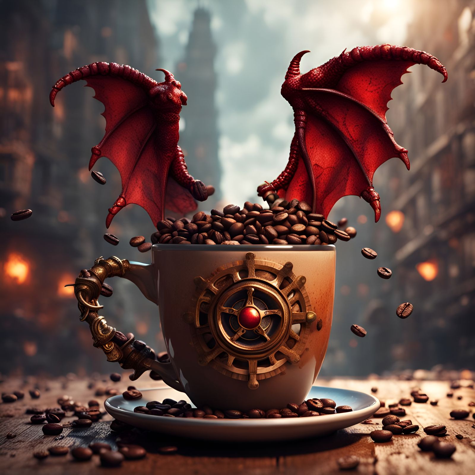Steampunk devil wings on a coffee cup with Red Devil horns covered in coffee beans - AI ...