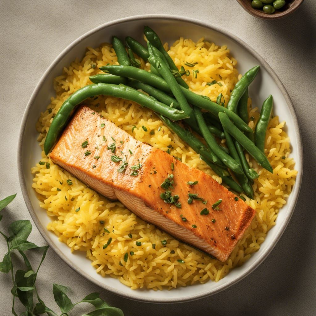A serving dish containing baked salmon, yellow saffron rice, and green ...