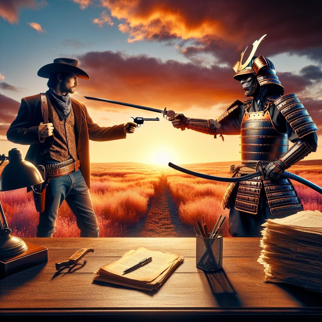 Wild West bound hunter vs samurai duel at sunset autumn desk surrealism ...