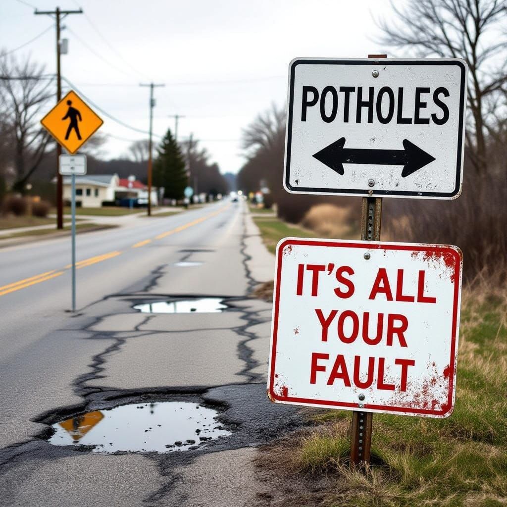 Road with potholes. Road Sign : text "POTHOLES". R... - AI Art