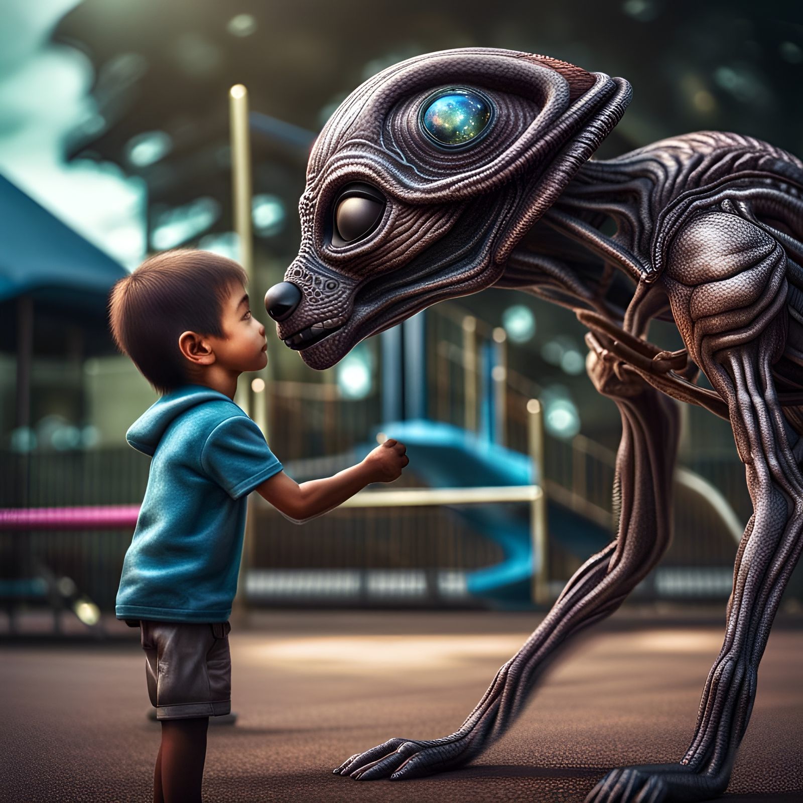 Alien plays with a cosmic dog on the playground intricate details, HDR ...