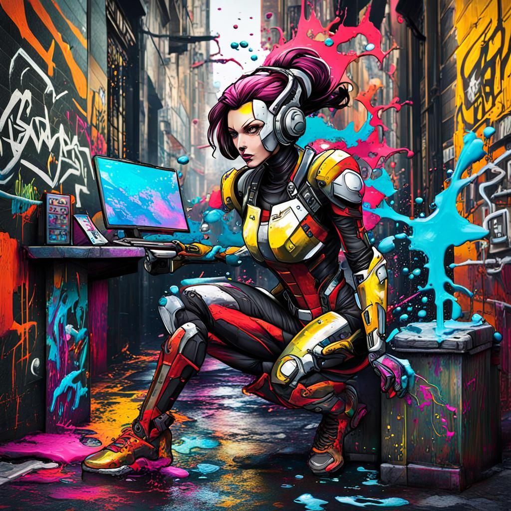 Neon Video gamer woman, Chibi Cyberwoman pixel prodigy coder gamer girl ...