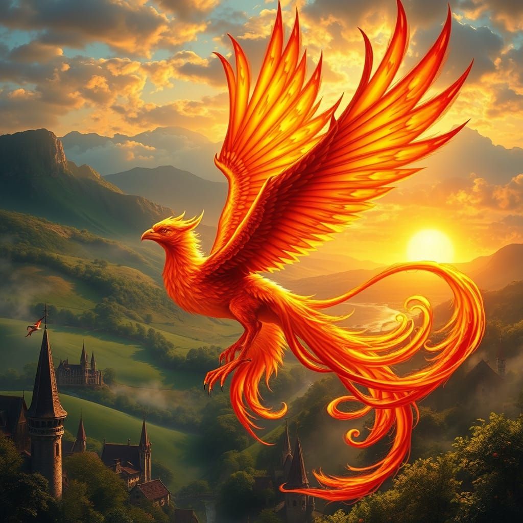 Soaring Phoenix - Majestic Blazing Phoenix Rises Over Fantas...
