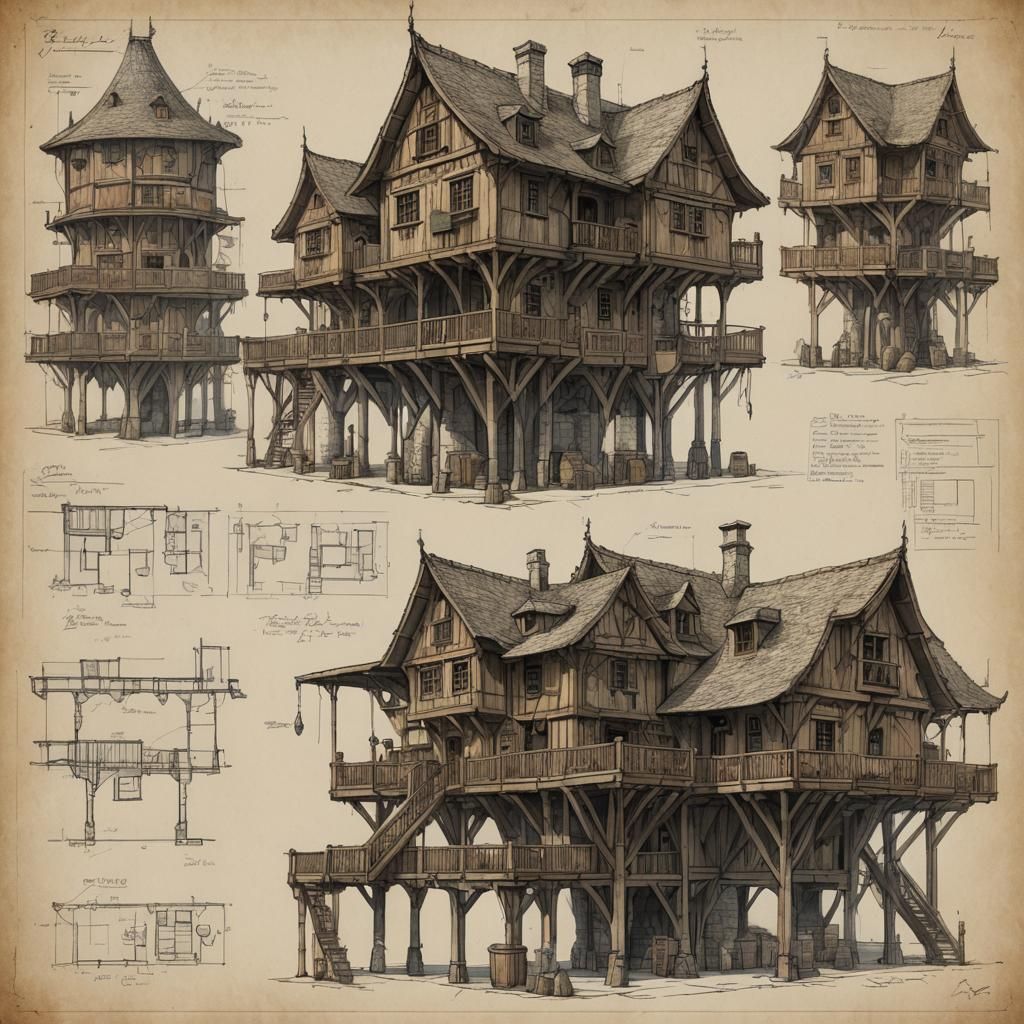technical drawing, modular set architectural designs,, European fantasy building, concept art ...