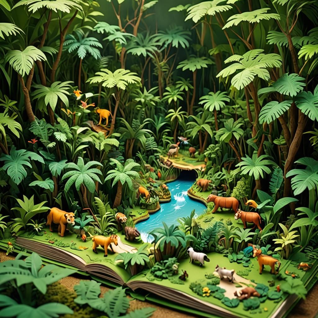 Pop up book of jungle story 3d hyperdetailed diffuse complex tilt shift ...