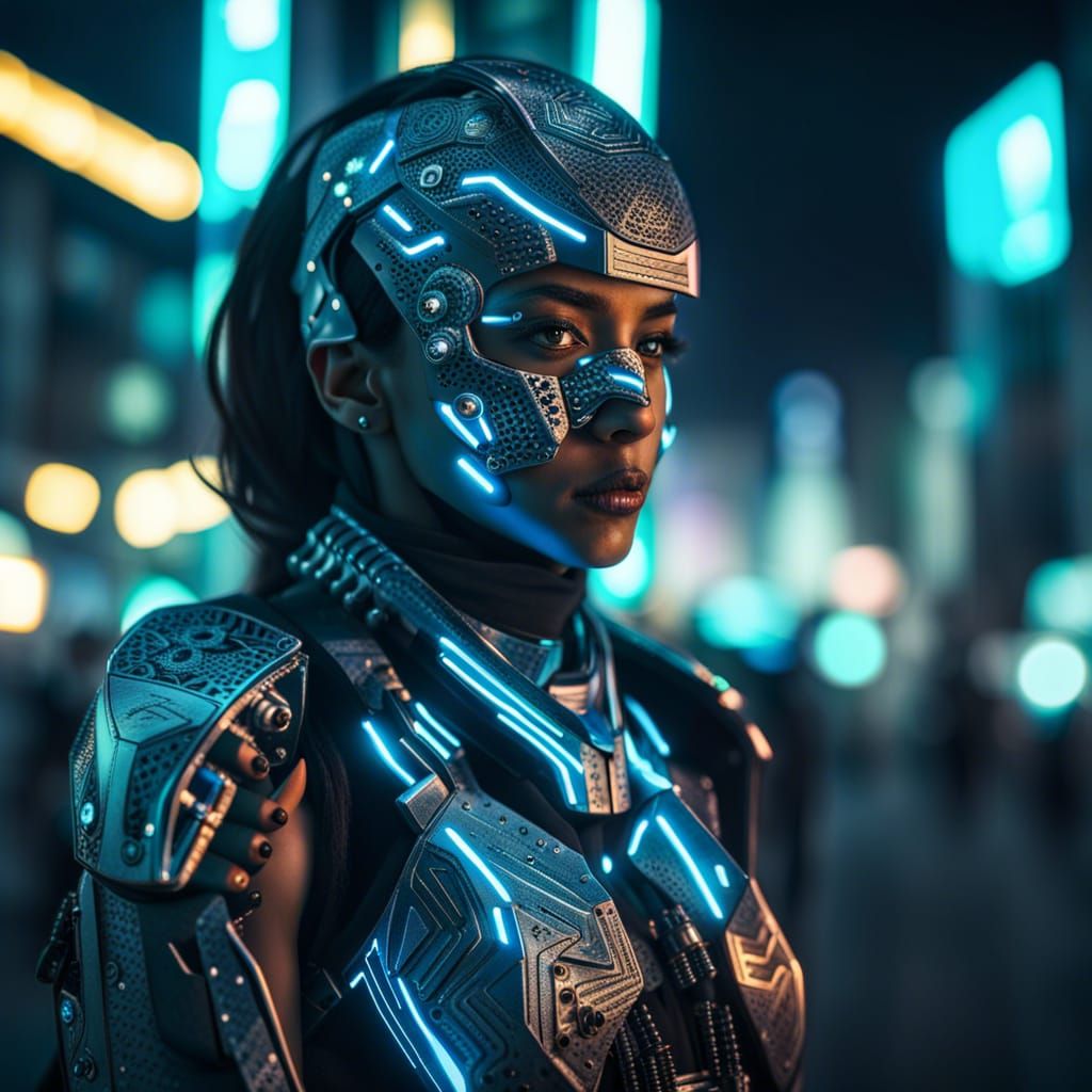 Portrait of a cyborg girl wearing futuristic face armor in a neon city ...