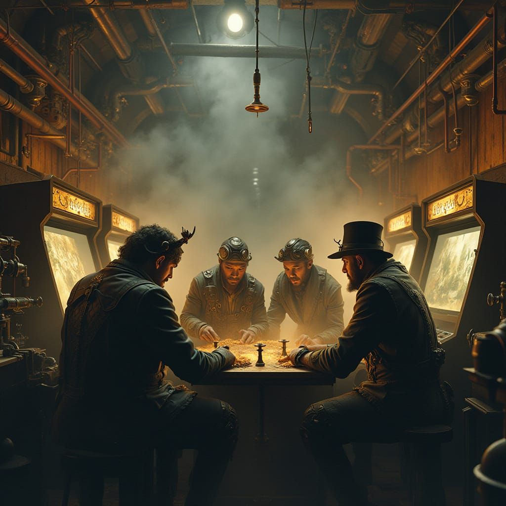 Steampunk Gamers in Vintage Arcade - AI Art