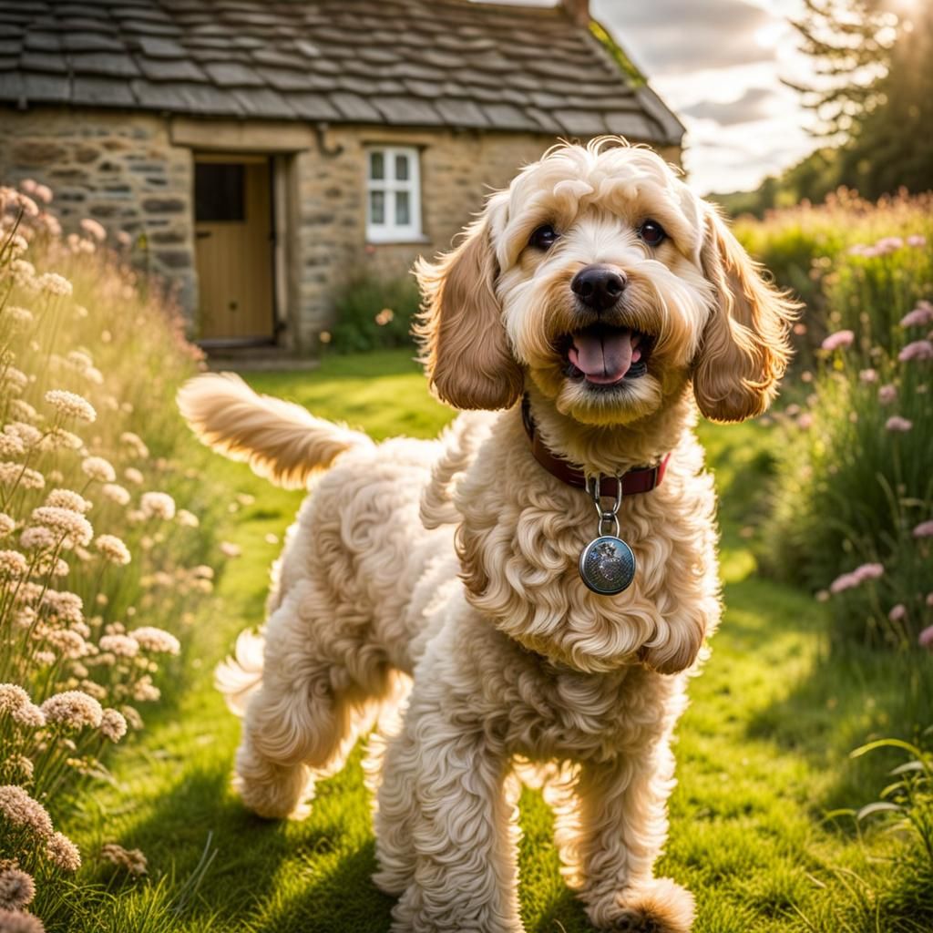 cockapoo dog outside a small old cottage - AI Generated Artwork ...