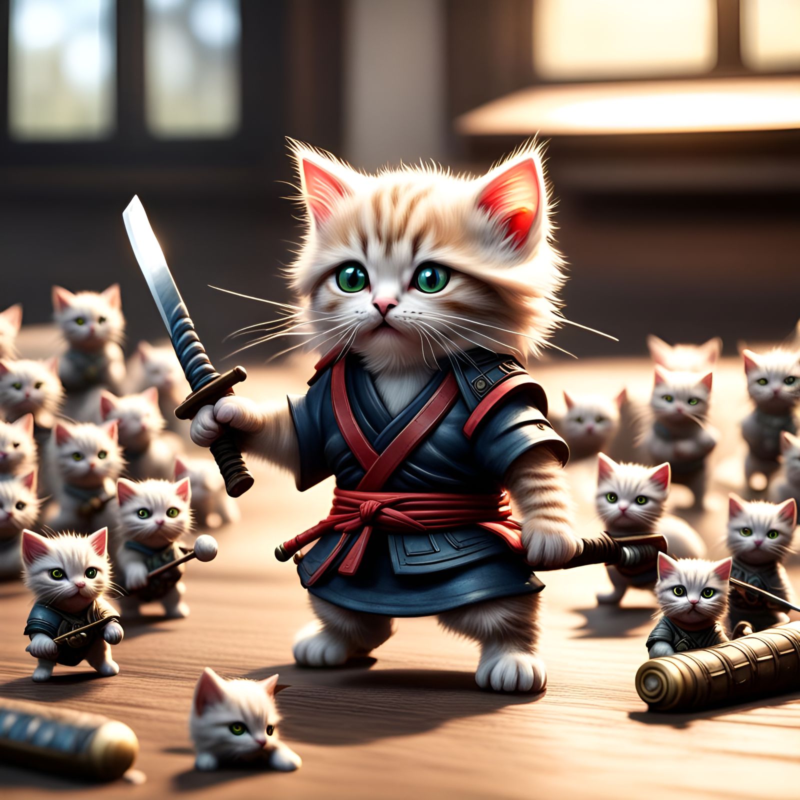 A kitten samurai in a battle with various goons, 64k resolution, a ...