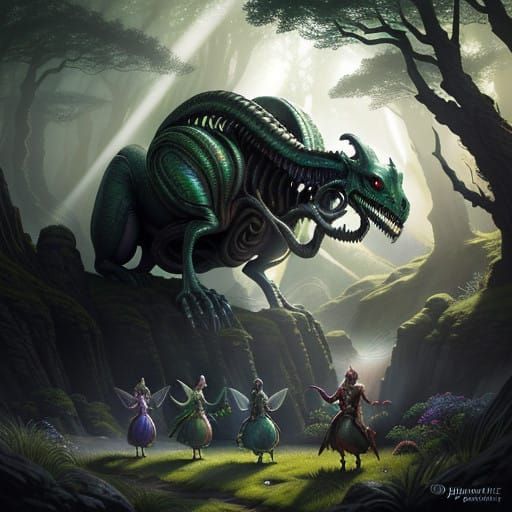 Faerie Elves in Enchanted Landscape with Xenomorph... - AI Art