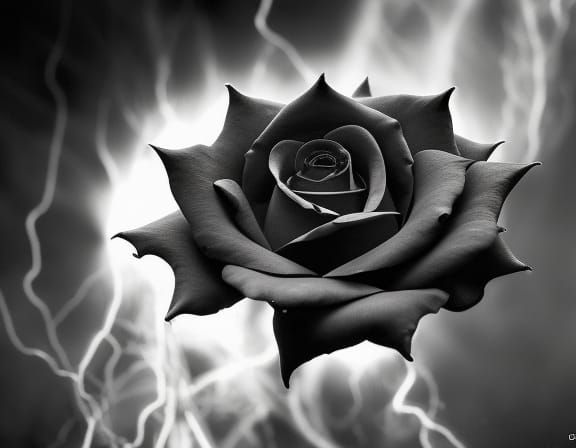 Black rose under a lightning storm