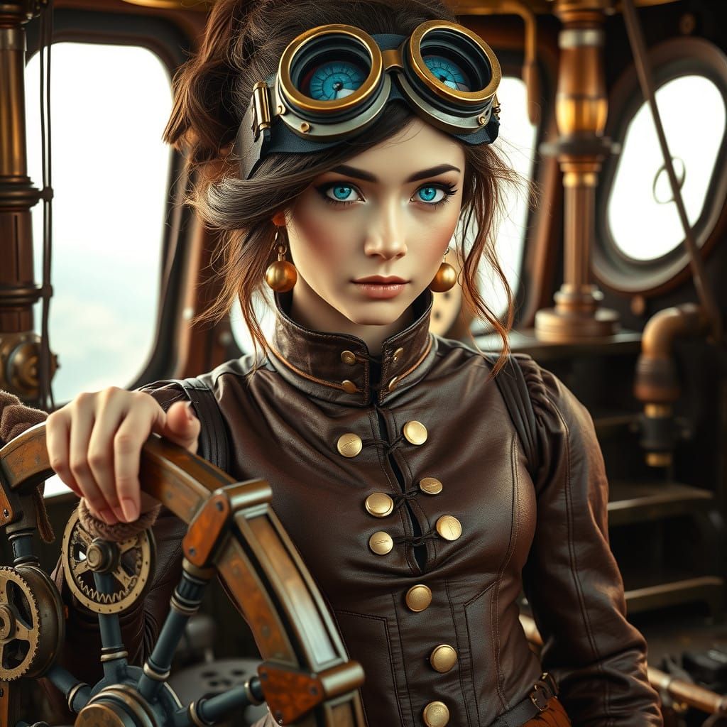 Adriana & Her Airship - Steampunk Woman at Airship Controls
