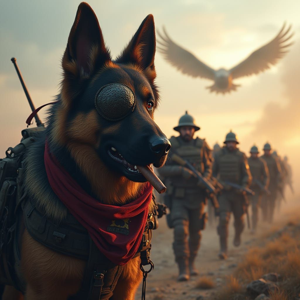 Tactical German Shepherd Leads Battle-Weary Troops... - AI Art