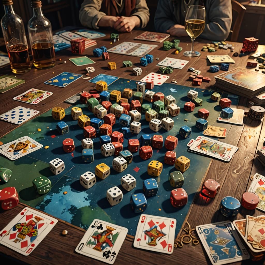 Board game ; dices and cards ; Miple ; in front of the table ...