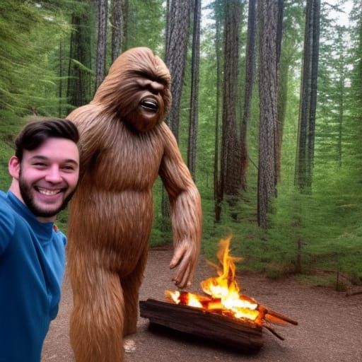 A Selfie with Bigfoot Around the Campfire - AI Generated Artwork - NightCafe Creator