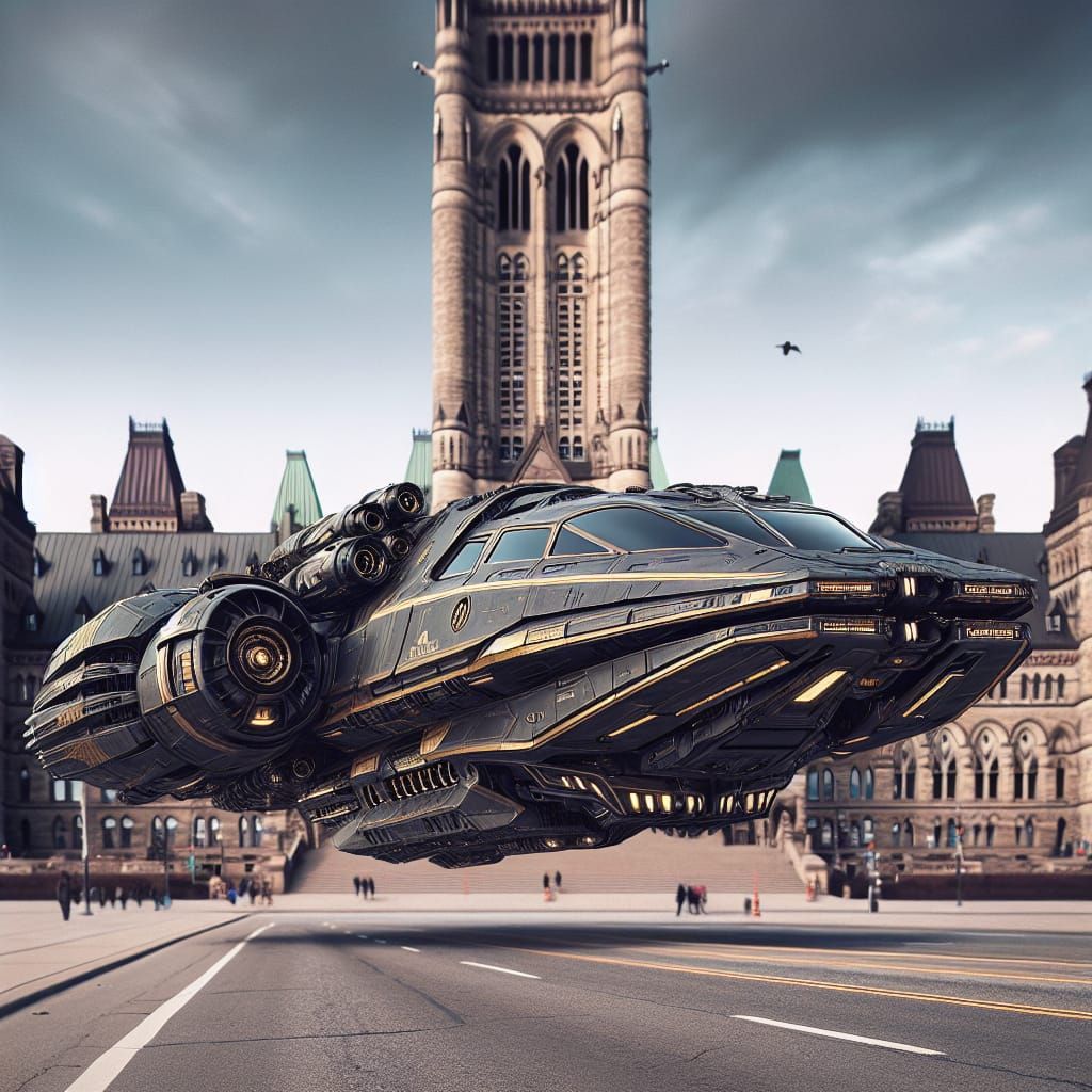A sci-fi futuristic giant massive military black golden hover speeder ...