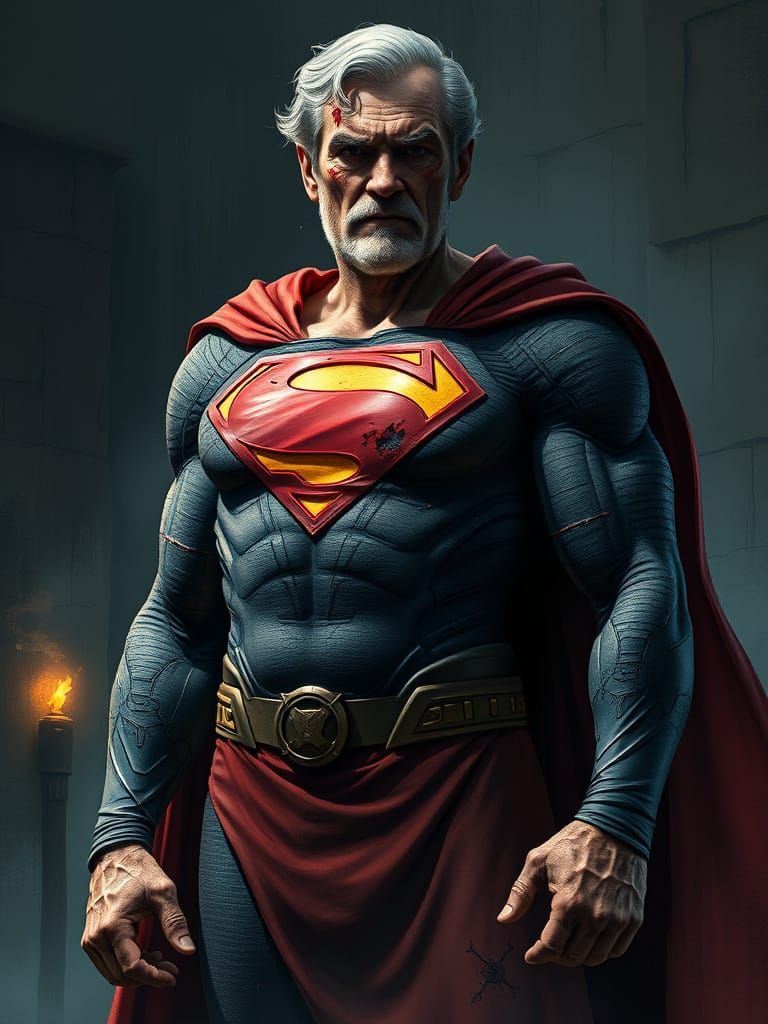 Elderly Superman Stands Tall in Tattered Costume, ... - AI Art