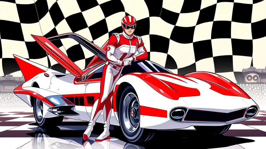 Heroic Speed Racer Poses with Mach 5 on Dynamic Ch... - AI Art