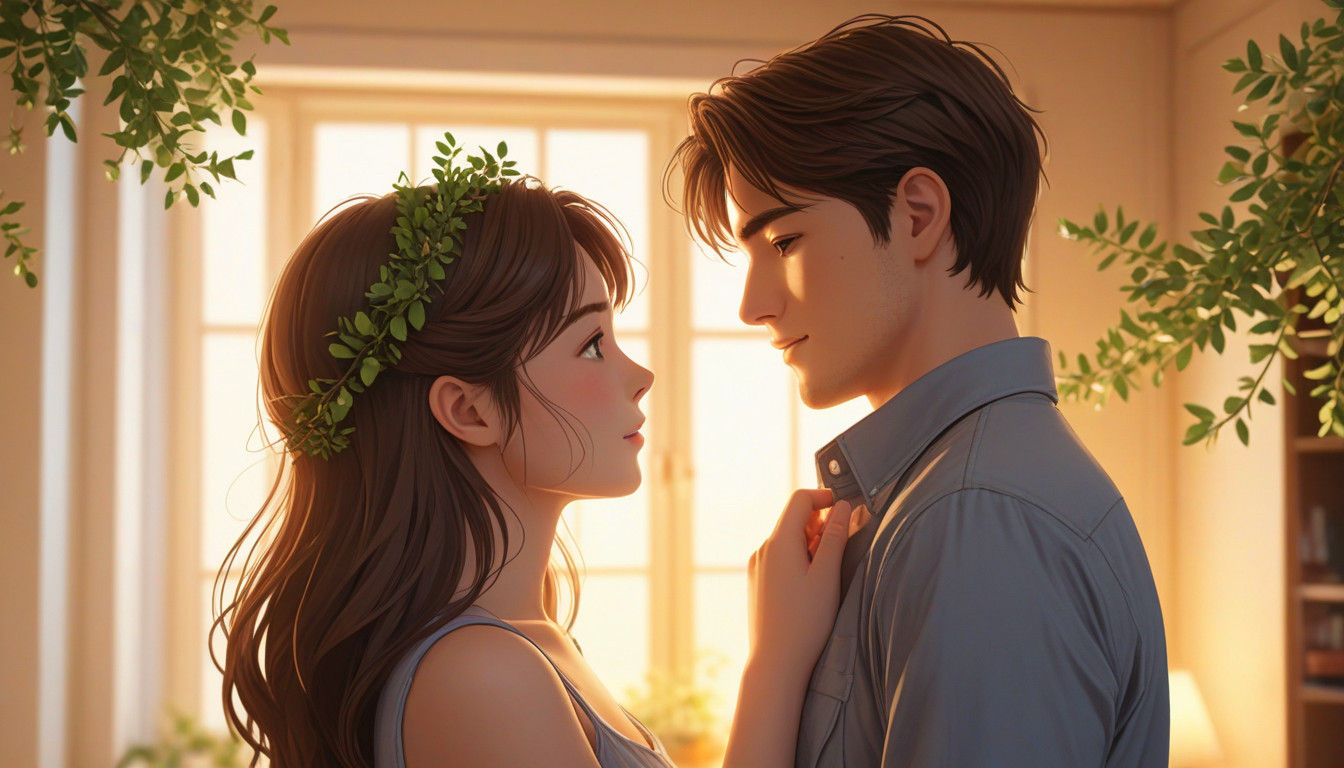 Romantic Anime Scene of Lovers Under Mistletoe - AI Art