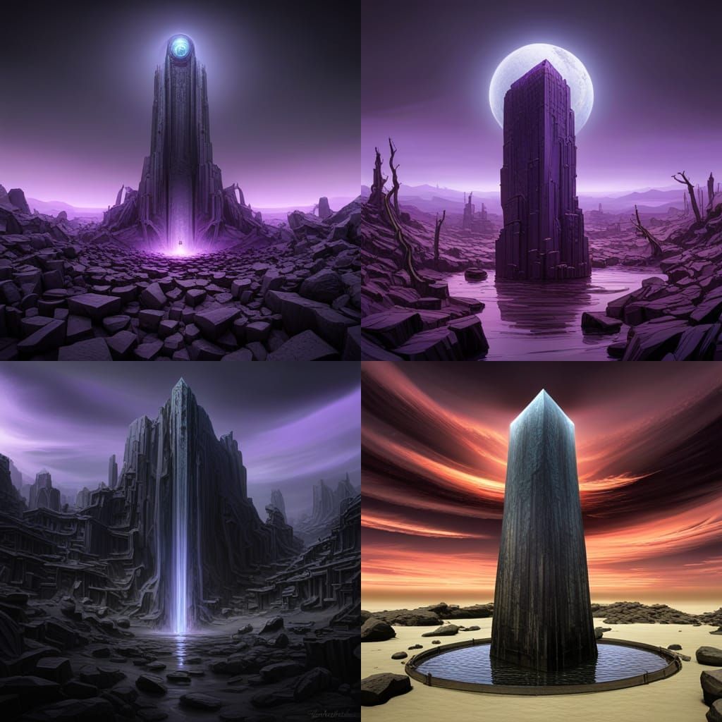 A tall, black stone monolith is floating above the ground. The monolith ...