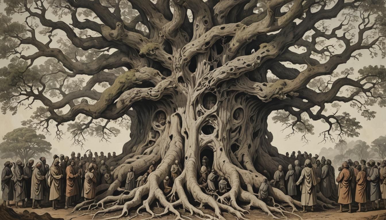 The image displays a large, old tree with multiple human-like figures ...