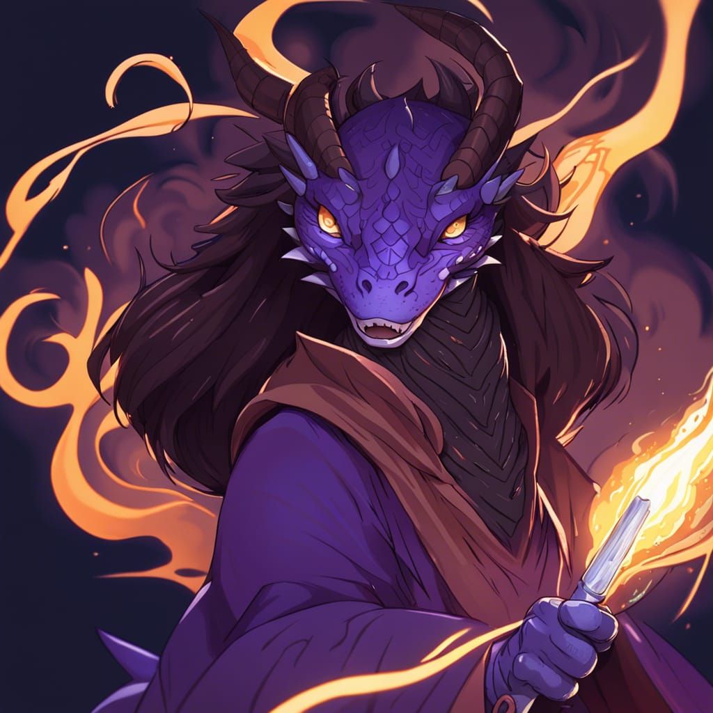 a purple scaled dragonborn in an anime artstyle