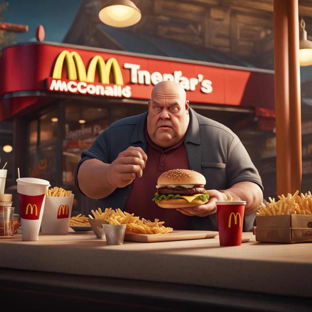 A fat middle aged man scoffing down a McDonald’s burger - AI Generated ...