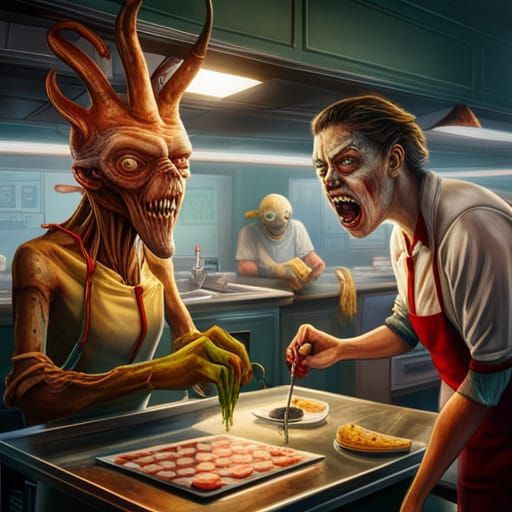 photo realistic , creepy alien fast food workers in the kitchen cooking ...