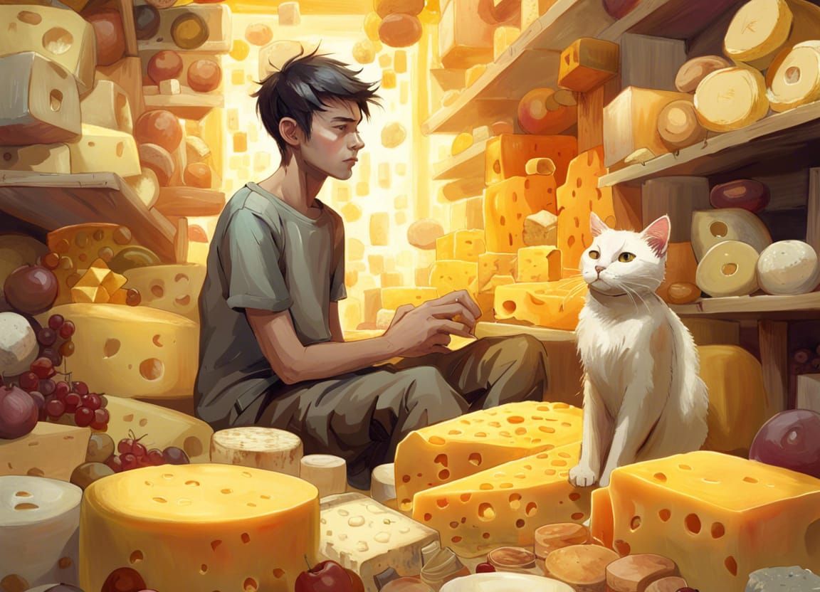 The cheese, the boy, and some white cat. - AI Generated Artwork - NightCafe Creator