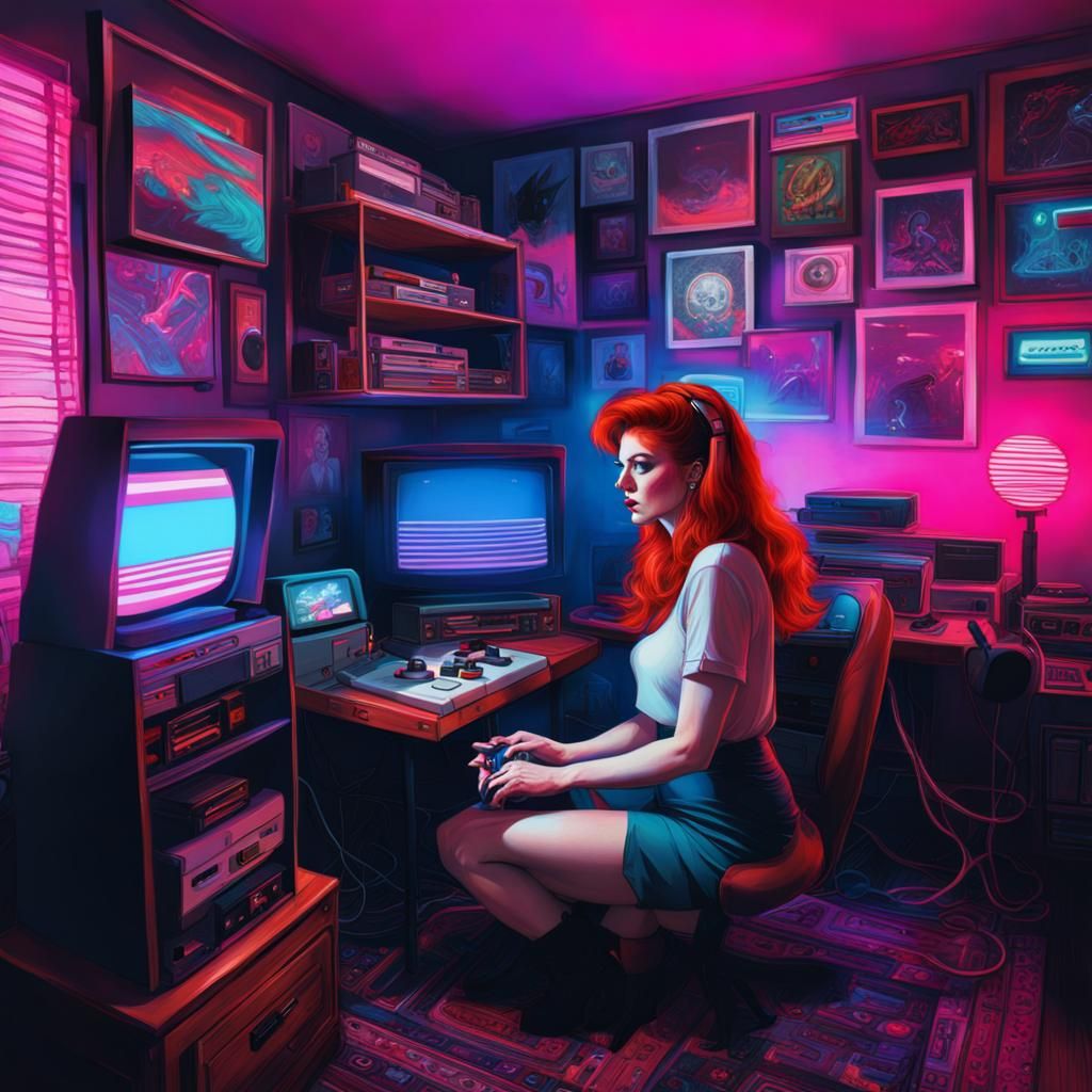 Redhead Becca Playing Nes Games In Her 1980s Room Perfectly Rendered Synthwave Surrealism Ai