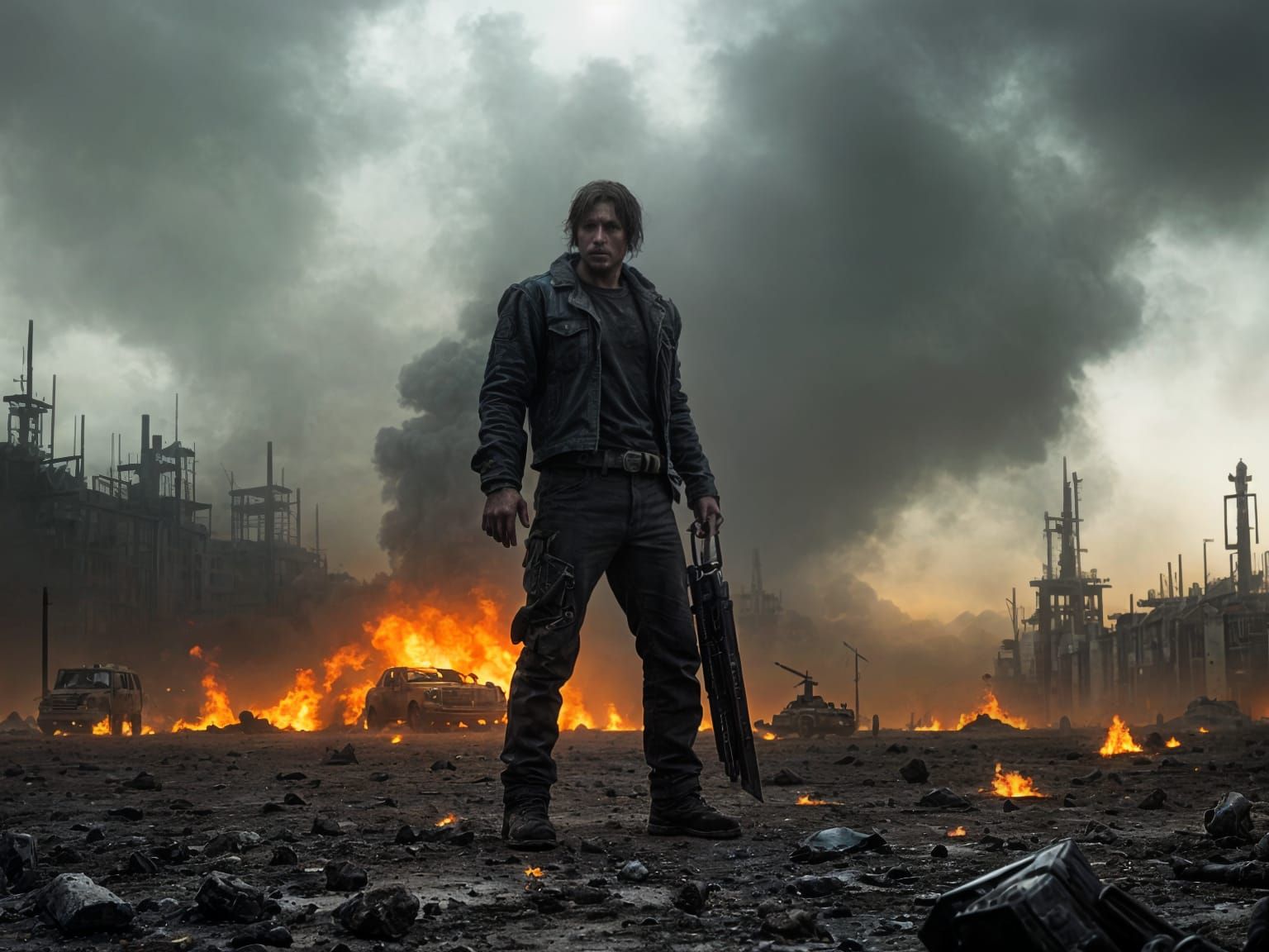 A CINEMATIC image of a rugged, post-apocalyptic figure standing amidst ...