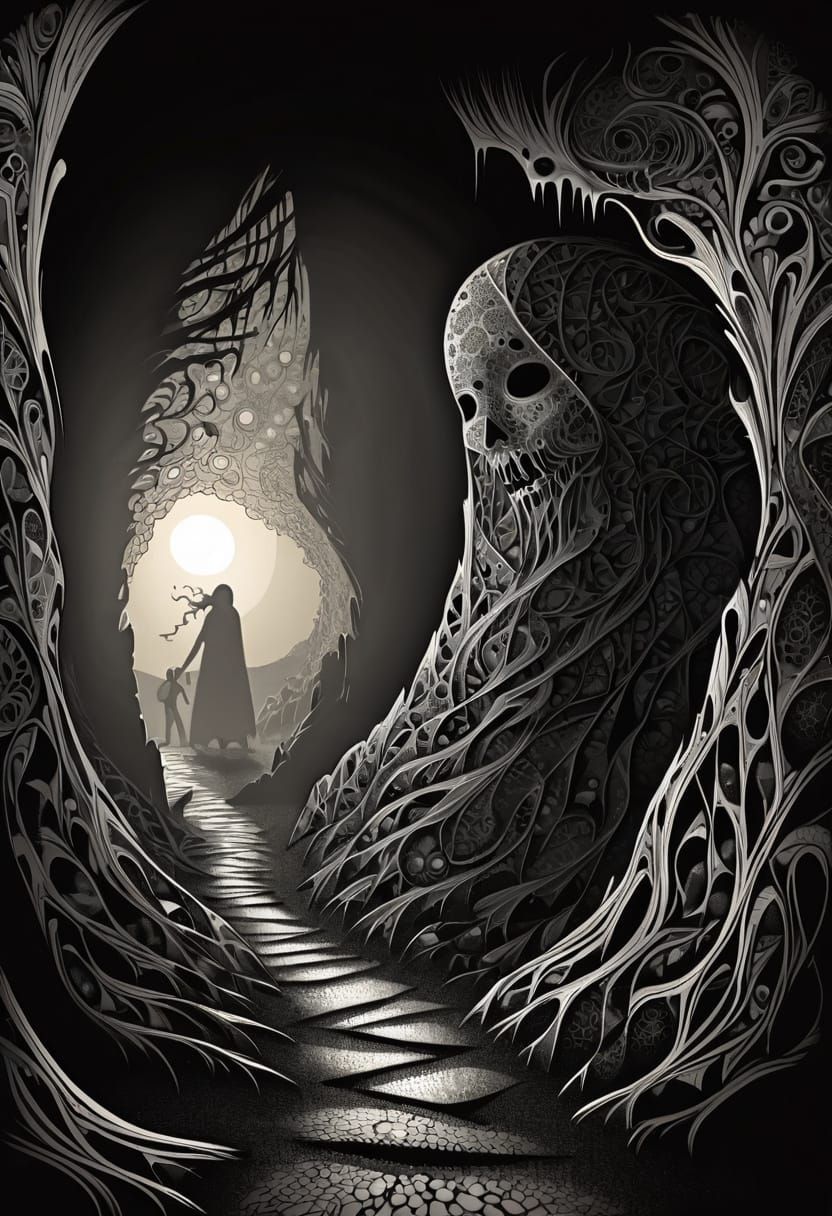 Primitive Humans Cower in Dark Cave, Haunted by Sh... - AI Art