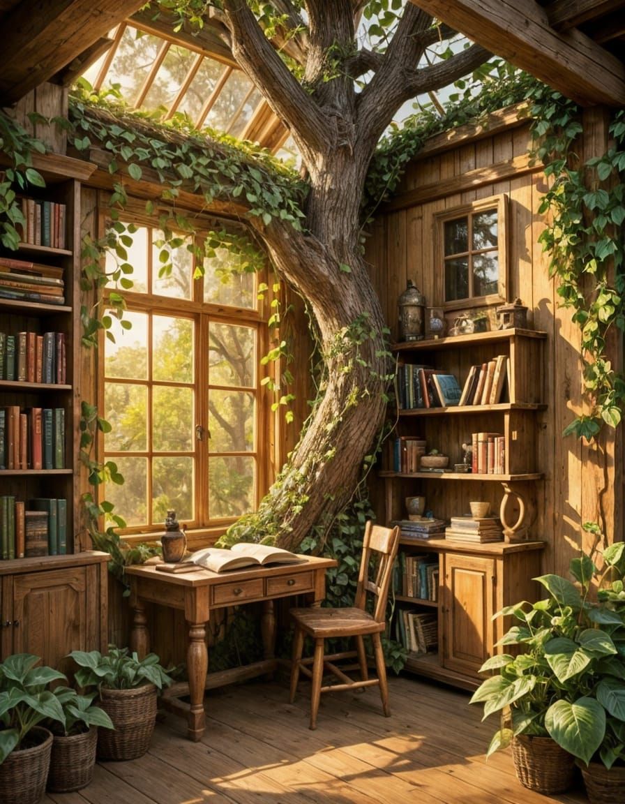 Cozy Indoor Treehouse Study in Woodland Style
