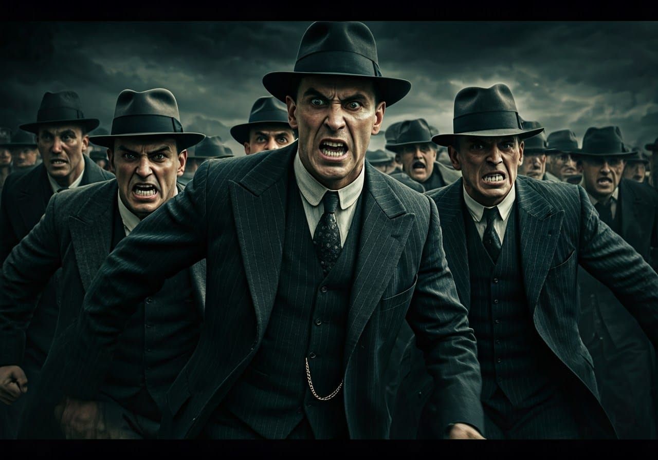 Furious Mob of 1920s Men in Dark, Grainy Cinematic... - AI Art