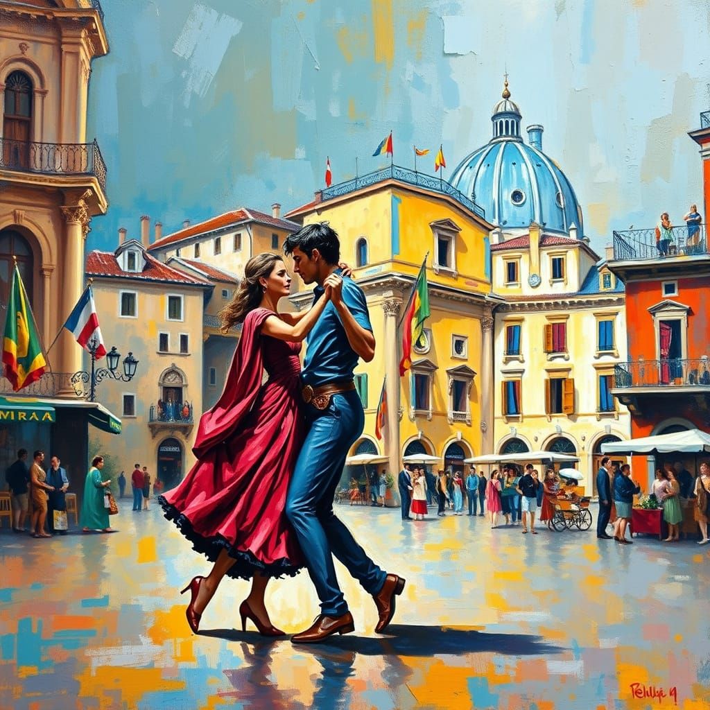 Italian Piazza II - A Couple Enjoys a Night of Music in a ...