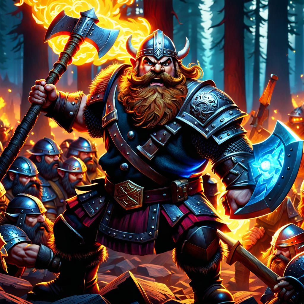 a male dwarf with a glowing epic lumberjack ax and heavy armor fights ...