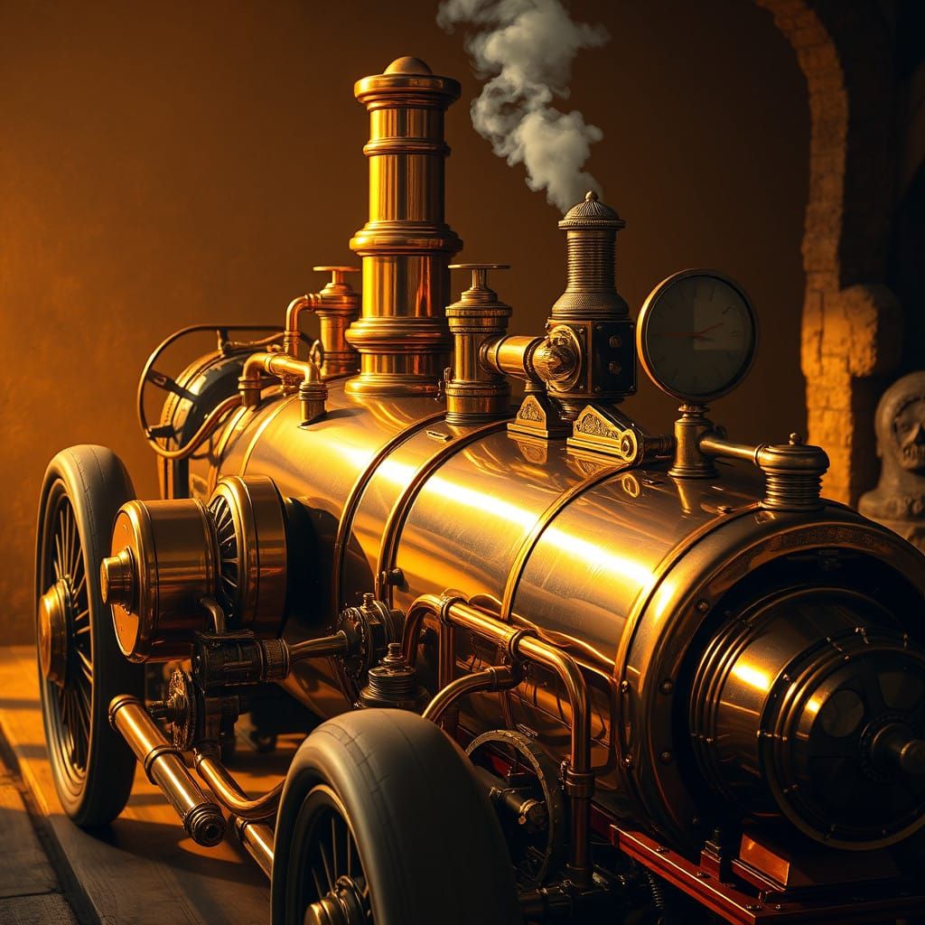 A copper-plated, steam-powered car with intricate brass fixtures and a ...