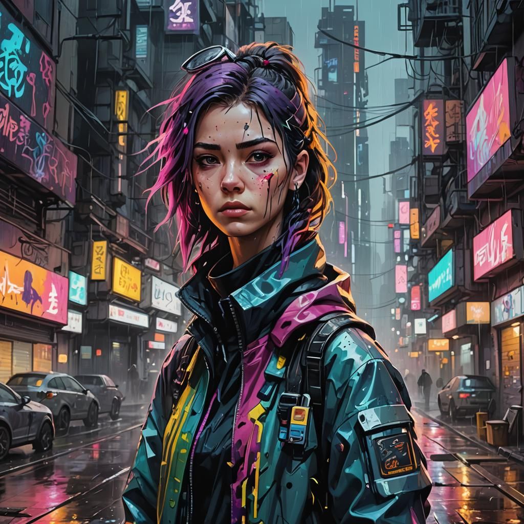 Medium shot of a female sci-fi protagonist in a cyberpunk city on a ...
